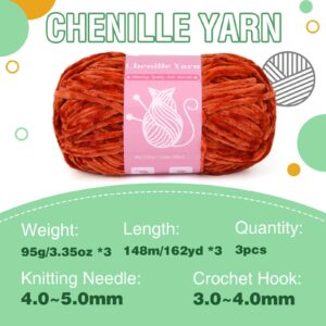 LUNARM Chenille Velvet Yarn, Yarn for Crocheting Knitting with Big Eye Needles, Handcrafts Weaving Soft Chenille Yarn for Making Blankets, Clothes, Pattern Knitting - 3*3.35oz,3*162yds (Red Orange)