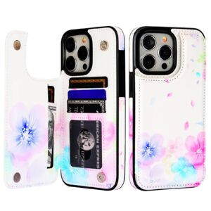 haopinsh for iphone 15 pro max wallet case with card holder, pale flower pattern back flip pu leather kickstand card slots case for girls women, double magnetic clasp shockproof cover 6.7"