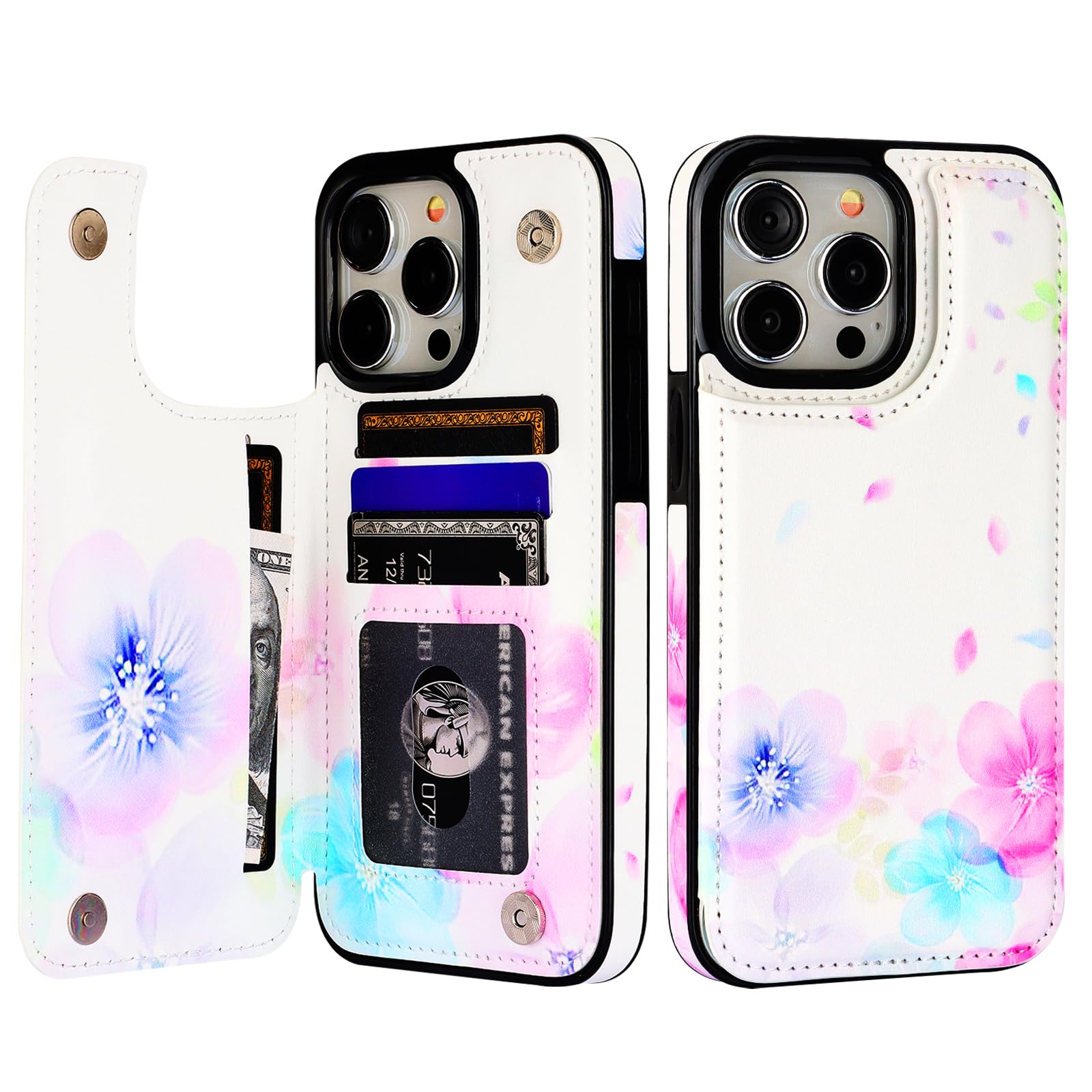 HAOPINSH for iPhone 15 Pro Max Wallet Case with Card Holder, Pale Flower Pattern Back Flip PU Leather Kickstand Card Slots Case for Girls Women, Double Magnetic Clasp Shockproof Cover 6.7"