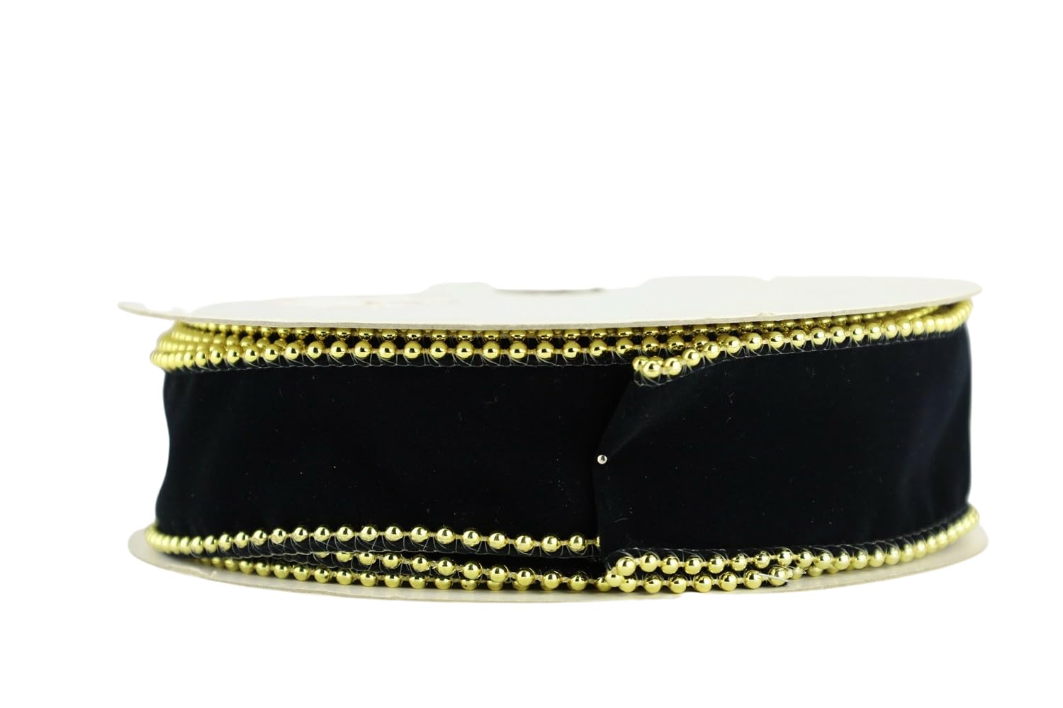 Ribbon Bazaar Wired Pearl Edge Velvet Ribbon - Black (Gold Pearls) 1-1/2" 10yd