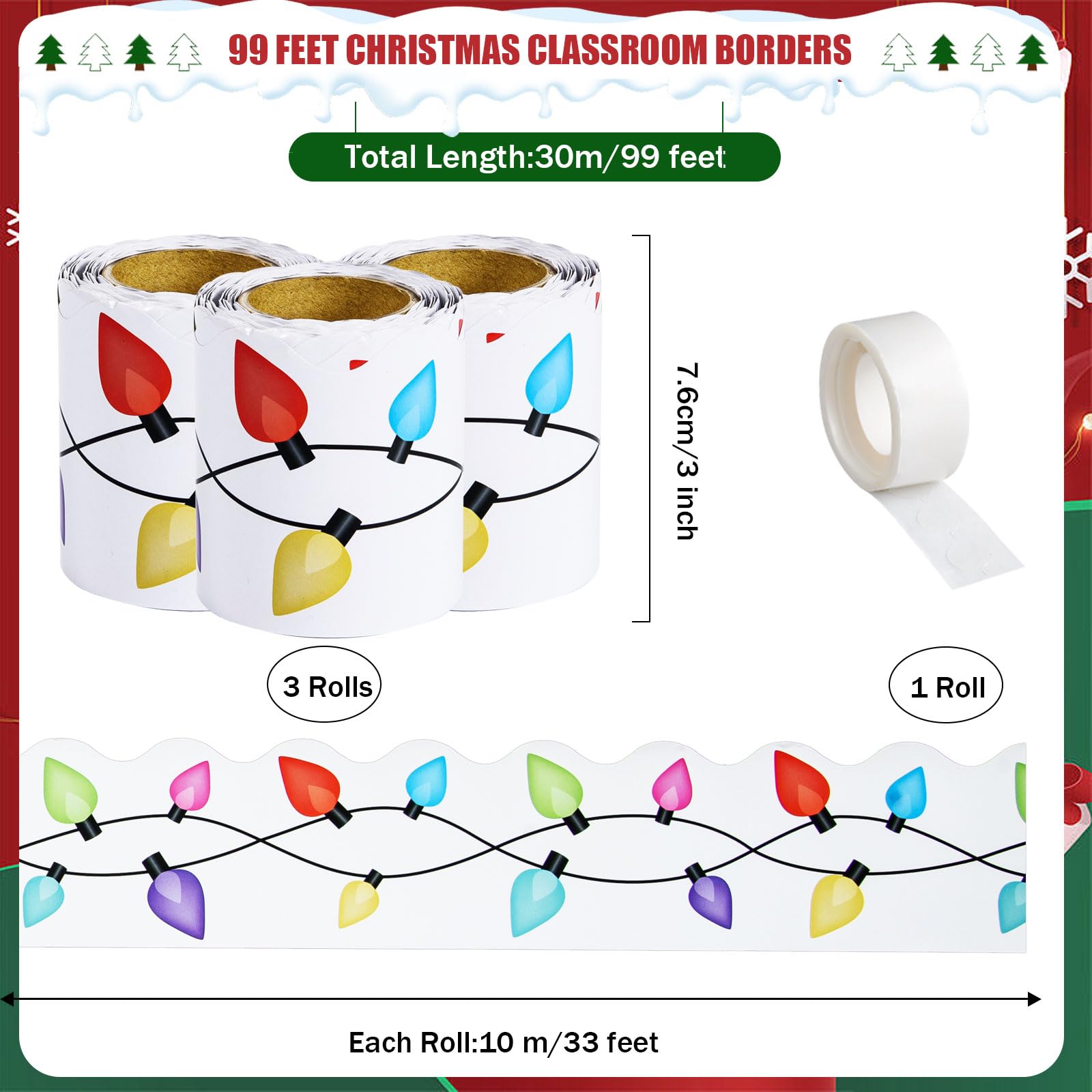 99 Feet Christmas Bulletin Board Borders Paper Light Bulb Scalloped Border Trim Christmas Classroom Border Decorations for Xmas Holiday Back to School Office Party Decor,3 Rolls(Classic Light Bulb)