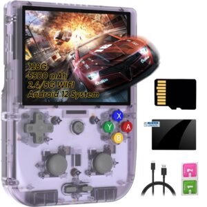 rg405v handheld game console retro games consoles with 3.5 inch ips screen 64g tf card 5474 classic games 2100mah battery support linux, hdmi and tv output purple