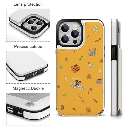 VEASPAEX iPhone 14 Pro Max Flip Phone Case - Protective Case with Card Slot - [Slim + Durable] Suitable for Women and Men TPU+Leather Material Halloween Pattern Multicolor