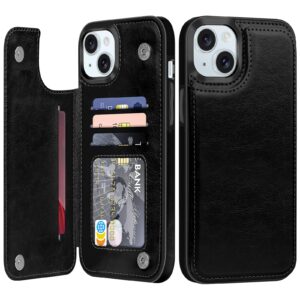 bizzib for iphone 15 plus case leather wallet with card holder, flip cover kickstand card slot magnetic closure shockproof heavy duty protective case for apple iphone 15 plus 6.7in-fashion black