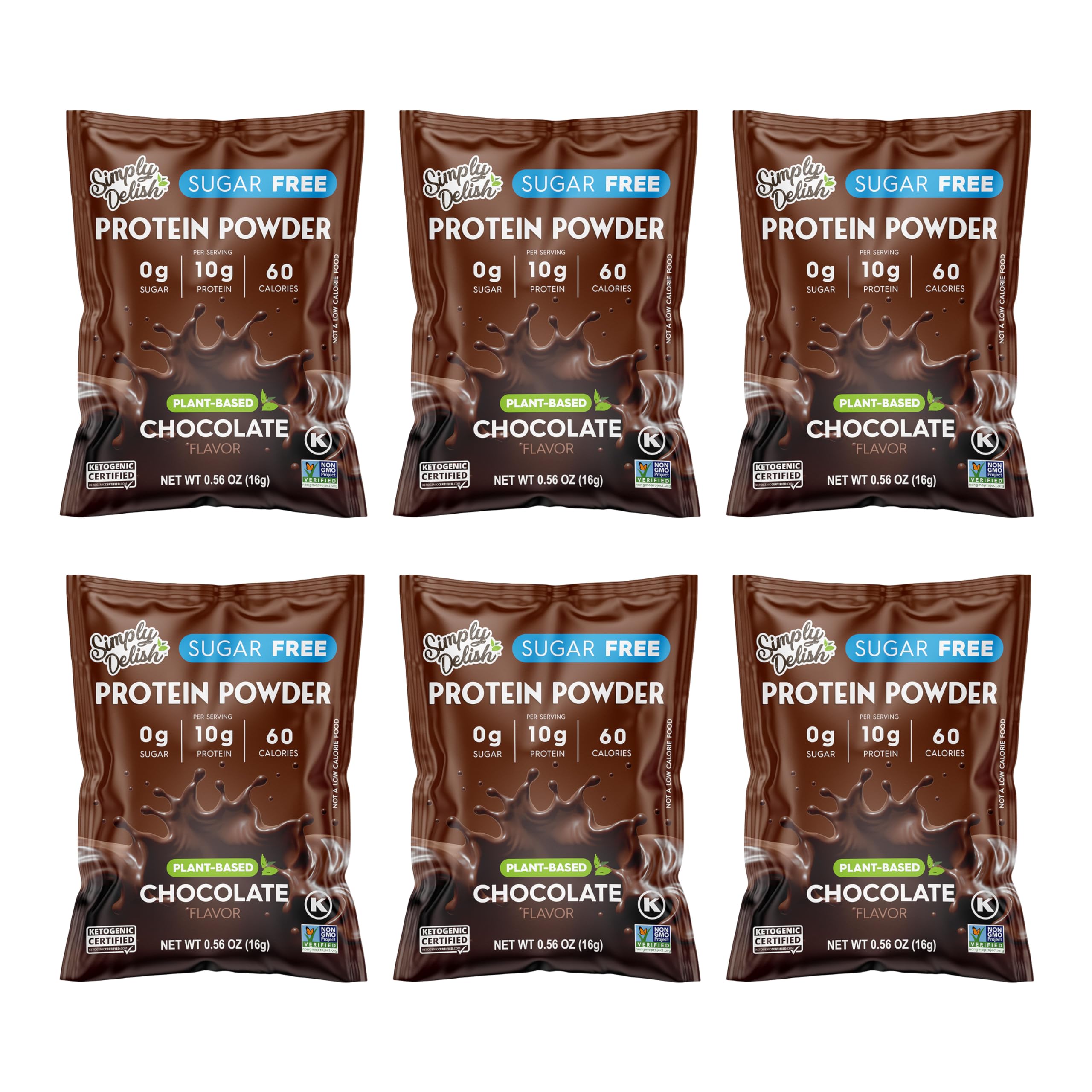 Simply Delish Plant-Based Protein Powder - Sugar Free, Keto Friendly, Clean Protein Powder in Convenient Travel Packs (Chocolate, 6 PK)