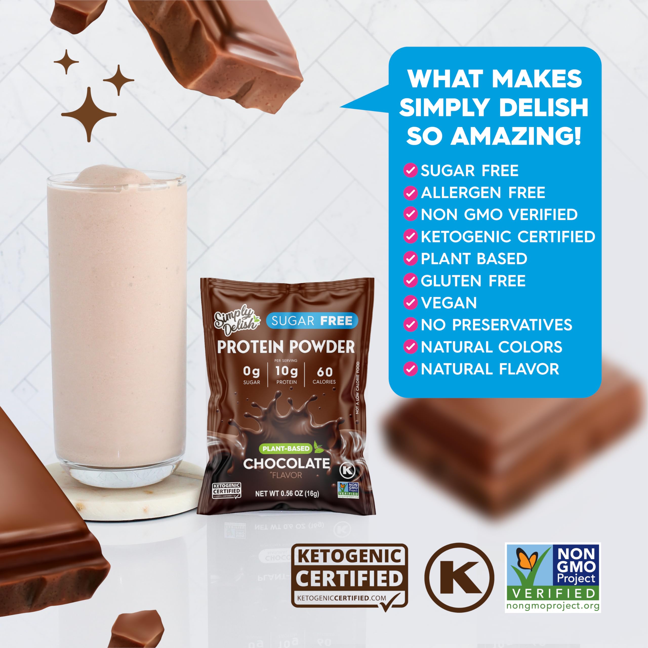 Simply Delish Plant-Based Protein Powder - Sugar Free, Keto Friendly, Clean Protein Powder in Convenient Travel Packs (Chocolate, 6 PK)