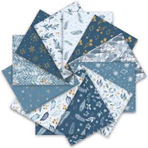 whaline 12pcs winter cotton fabric bundles watercolor christmas fat quarters white blue snowflake leaves printed sewing fabrics for diy handmade crafting, 18 x 22 inch