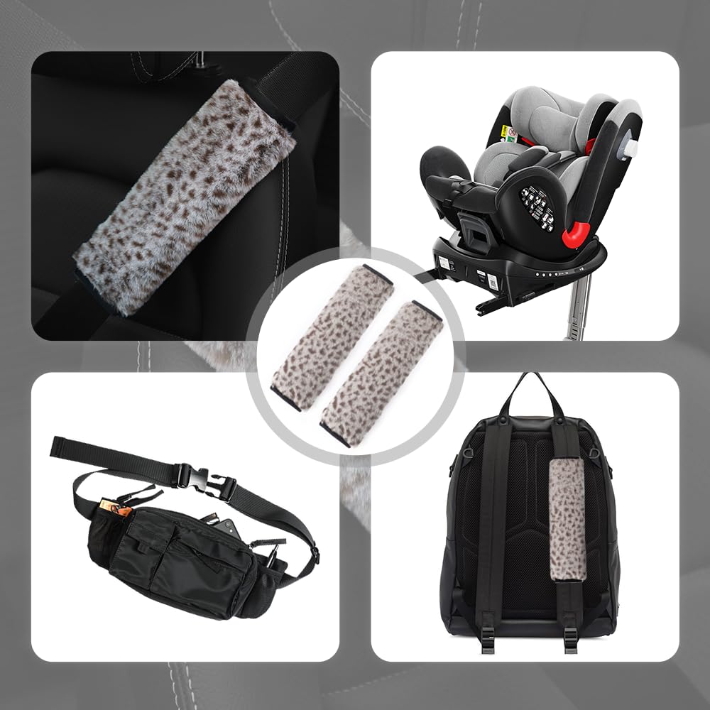 2PCS Soft Fluffy Car Seatbelt Covers - Winter Car Essentials Seat Belt Shoulder Pad Full of Wild Leopard Prints - Universal Seat Belt Cover Pad for Shoulder Protections & Car Decorations (Coffee)