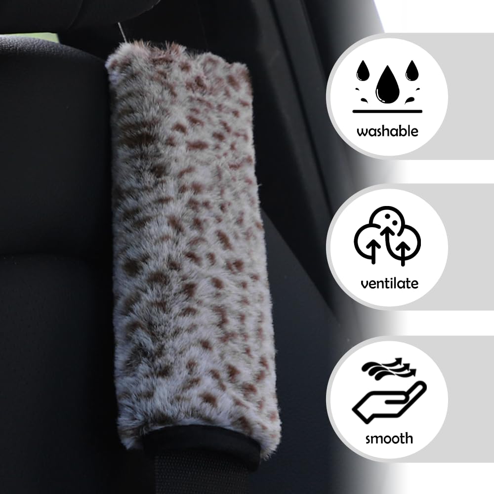 2PCS Soft Fluffy Car Seatbelt Covers - Winter Car Essentials Seat Belt Shoulder Pad Full of Wild Leopard Prints - Universal Seat Belt Cover Pad for Shoulder Protections & Car Decorations (Coffee)