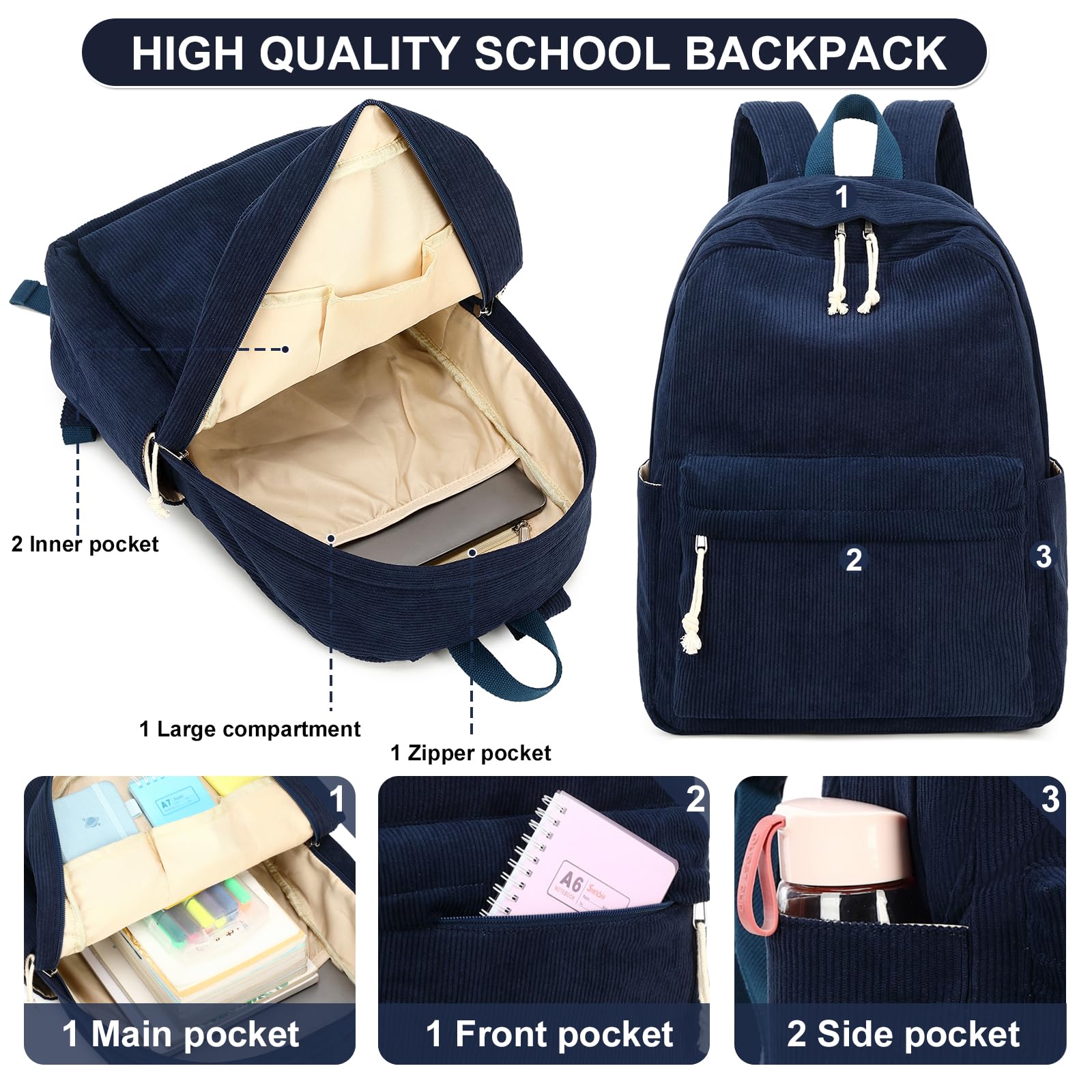 School Backpack for Teen Girls Women Laptop Backpack College Bookbags Middle School Travel Work Commuter Back Pack（Corduroy navy blue）