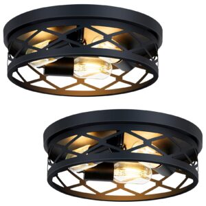 skejao, 2 pack flush mount ceiling light fixture, black, for hallway, kitchen, farmhouse, bedroom (13 x 13 x 3.93 inches, 2400 lumens, dimmable, 2 count)