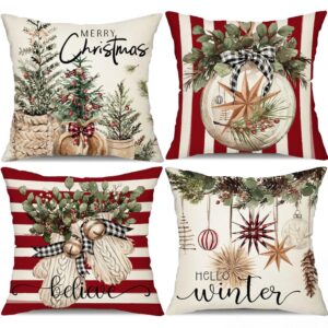 dfxsz christmas pillow covers 18x18 inch set of 4 christmas tree gloves hello winter decorative red white stripe throw pillow covers winter farmhouse decoration for home couch 134