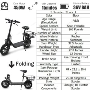 ROXAAN Electric Scooter Adults with Seat, 15.5Mph 20Miles Range Foldable Electric Scooter for Adults, 450W Powered E-Scooter for Commuting W/Basket, 12.5" Pneumatic Tire Sports Scooter (Matte Black)