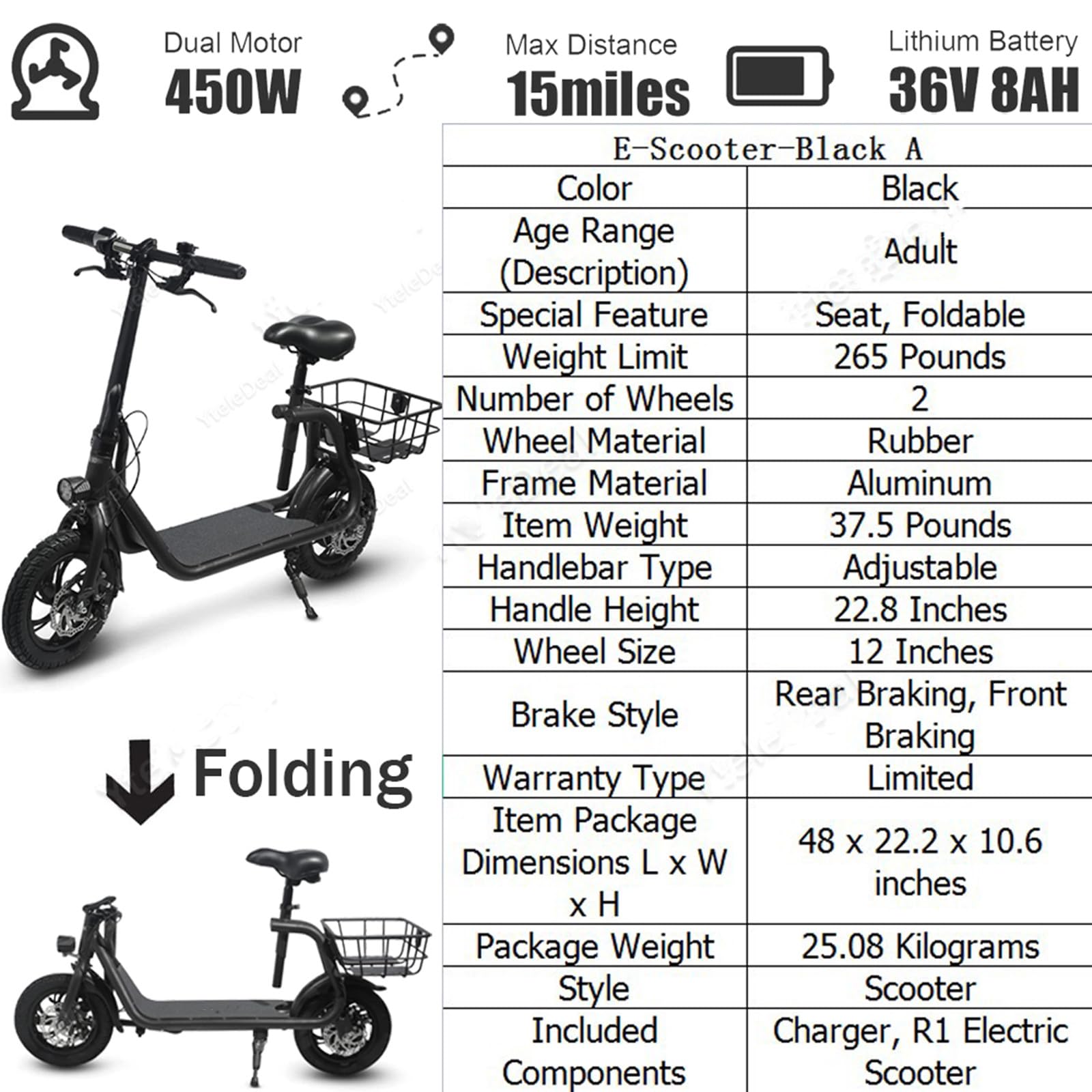 ROXAAN Electric Scooter Adults with Seat, 15.5Mph 20Miles Range Foldable Electric Scooter for Adults, 450W Powered E-Scooter for Commuting W/Basket, 12.5" Pneumatic Tire Sports Scooter (Matte Black)