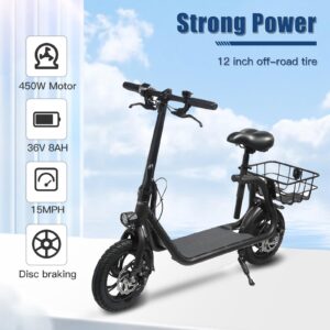 ROXAAN Electric Scooter Adults with Seat, 15.5Mph 20Miles Range Foldable Electric Scooter for Adults, 450W Powered E-Scooter for Commuting W/Basket, 12.5" Pneumatic Tire Sports Scooter (Matte Black)