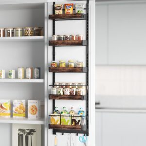 nieifi pantry door organizer,spice rack organizer,5 tier adjustable baskets over the door organizers and storage metal hanging shelves back of door organizer with hooks for pantry kitchen (wood)