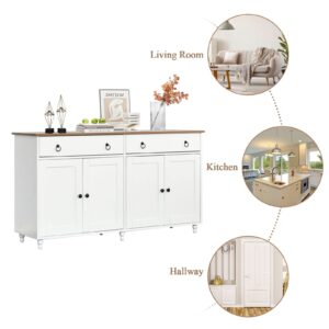 4ever2buy Mid-Century Sideboard Buffet Cabinet with Storage, 55" Coffee Bar Cabinet with 2 Drawers and 4 Doors, White Kitchen Buffet Storage Cabinet for Living Dining Room