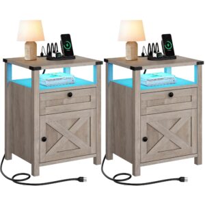 yitahome farmhouse nightstand with led lights & charging station, night stands with drawer for bedroom, end side table bedside table with storage shelf & storage cabinet, x-design