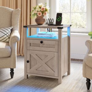 YITAHOME Farmhouse Nightstand with LED Lights & Charging Station, Night Stands with Drawer for Bedroom, End Side Table Bedside Table with Storage Shelf & Storage Cabinet, X-Design