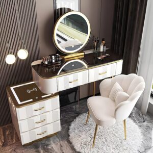 redvoiu vanity set-smart vanity desk with bluetooth speaker and wireless charging station ，mirror with led lights，5 solid wood drawers，include vanity chair (petal chair, white100cm/39.4in)