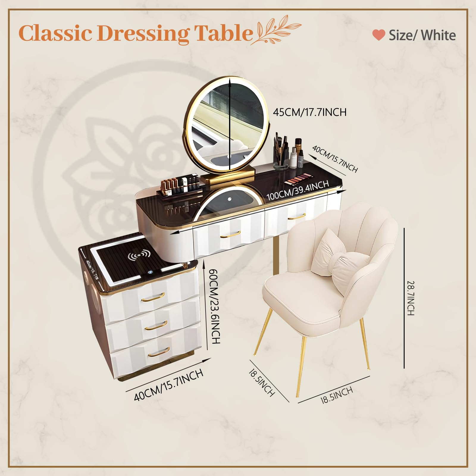 REDVOIU Vanity Set-Smart Vanity Desk with Bluetooth Speaker and Wireless Charging Station ，Mirror with Led Lights，5 Solid Wood Drawers，Include Vanity Chair (Petal Chair, White100CM/39.4IN)