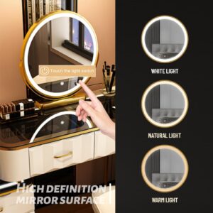 REDVOIU Vanity Set-Smart Vanity Desk with Bluetooth Speaker and Wireless Charging Station ，Mirror with Led Lights，5 Solid Wood Drawers，Include Vanity Chair (Petal Chair, White100CM/39.4IN)