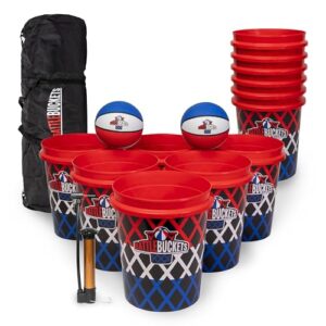 battle buckets giant yard pong x basket ball game with durable balls and buckets - outdoor game for lawn, backyard and beach - set includes buckets, basket balls and a carrying bag