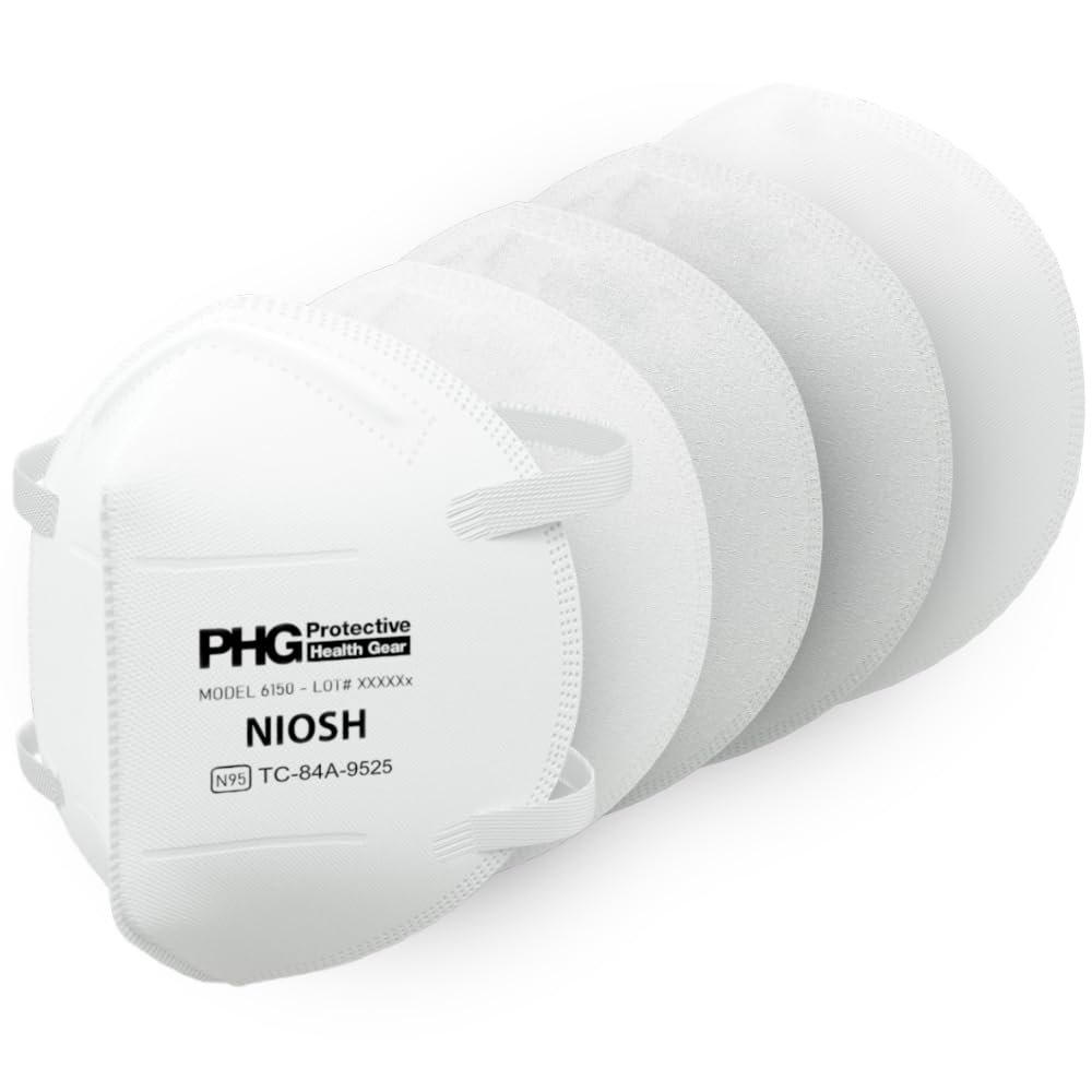 PHG PROTECTIVE HEALTH GEAR N95 Particulate Filtering Respirators, NIOSH Certified, MADE IN USA, For Medical & Personal Use, Head-Straps, 50 Individually Wrapped Masks