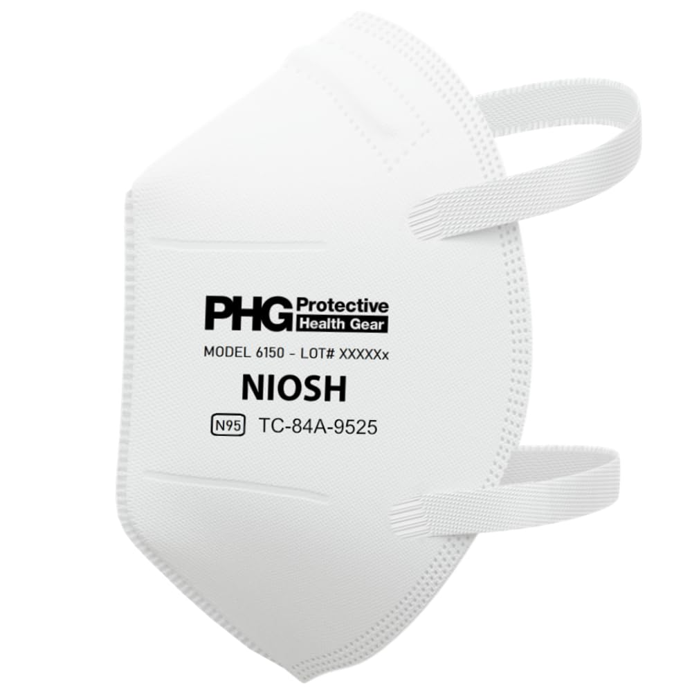 PHG PROTECTIVE HEALTH GEAR N95 Particulate Filtering Respirators, NIOSH Certified, MADE IN USA, For Medical & Personal Use, Head-Straps, 50 Individually Wrapped Masks