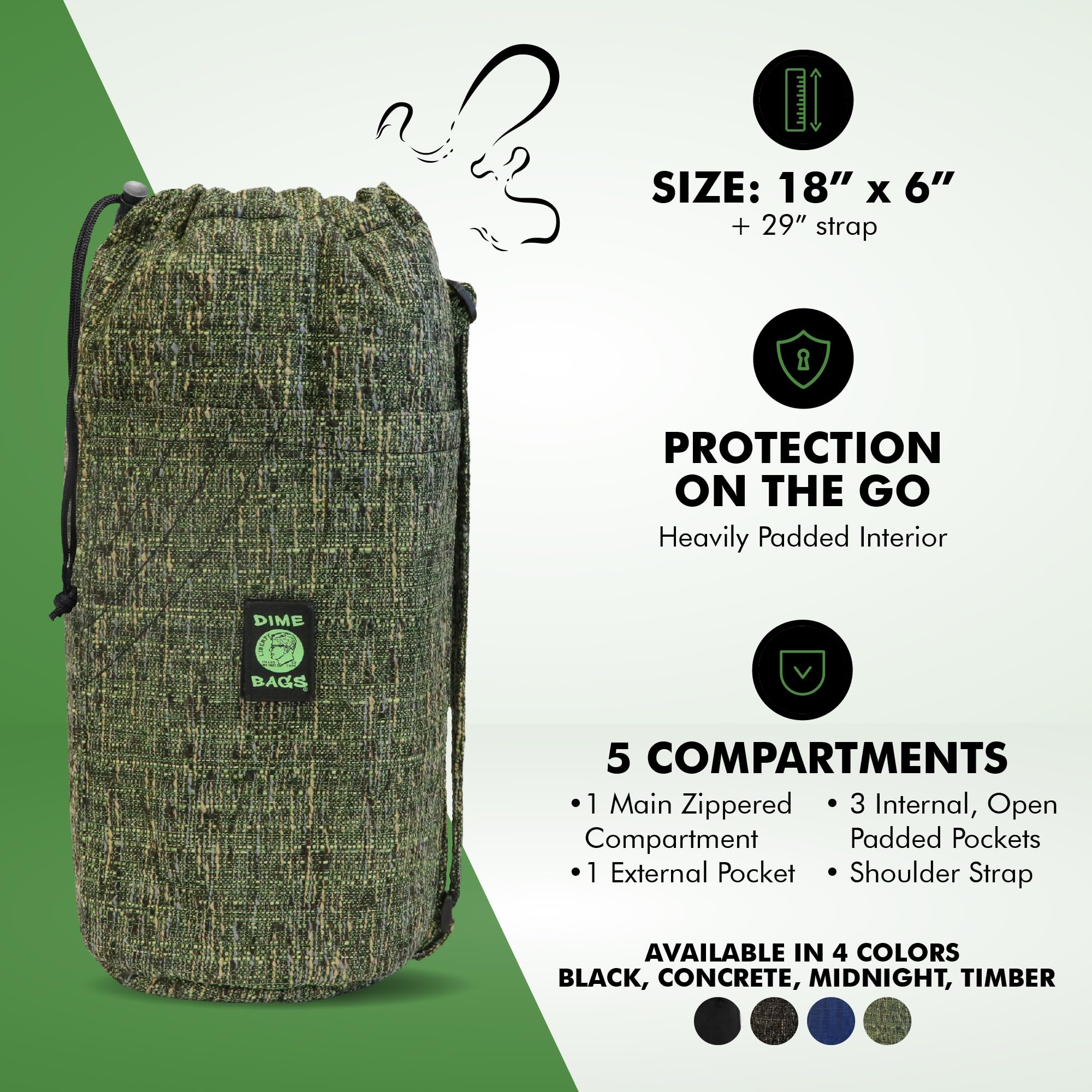 DIME BAGS - Drawstring Tube, Padded Bag, 5 Compartments, w/Shoulder Strap, Convenient, Durable (Timber, 18")