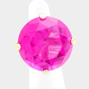 Rosemarie & Jubalee Women's Stunning Round Cut Fuchsia Pink Crystal On Gold Tone Stretch Band Statement Cocktail Ring Jewelry Bling, 1.5"