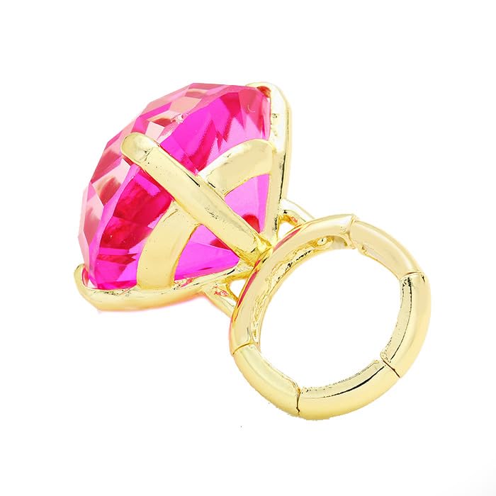 Rosemarie & Jubalee Women's Stunning Round Cut Fuchsia Pink Crystal On Gold Tone Stretch Band Statement Cocktail Ring Jewelry Bling, 1.5"