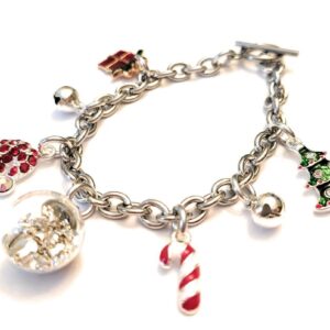 Christmas Tree Charm Bracelet with Snow Globe Present Candy Cane Santa Claus Hat Jingle Bells