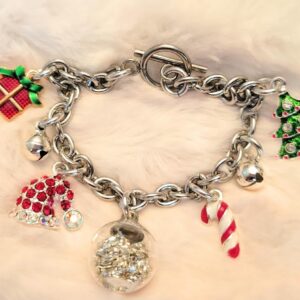 Christmas Tree Charm Bracelet with Snow Globe Present Candy Cane Santa Claus Hat Jingle Bells