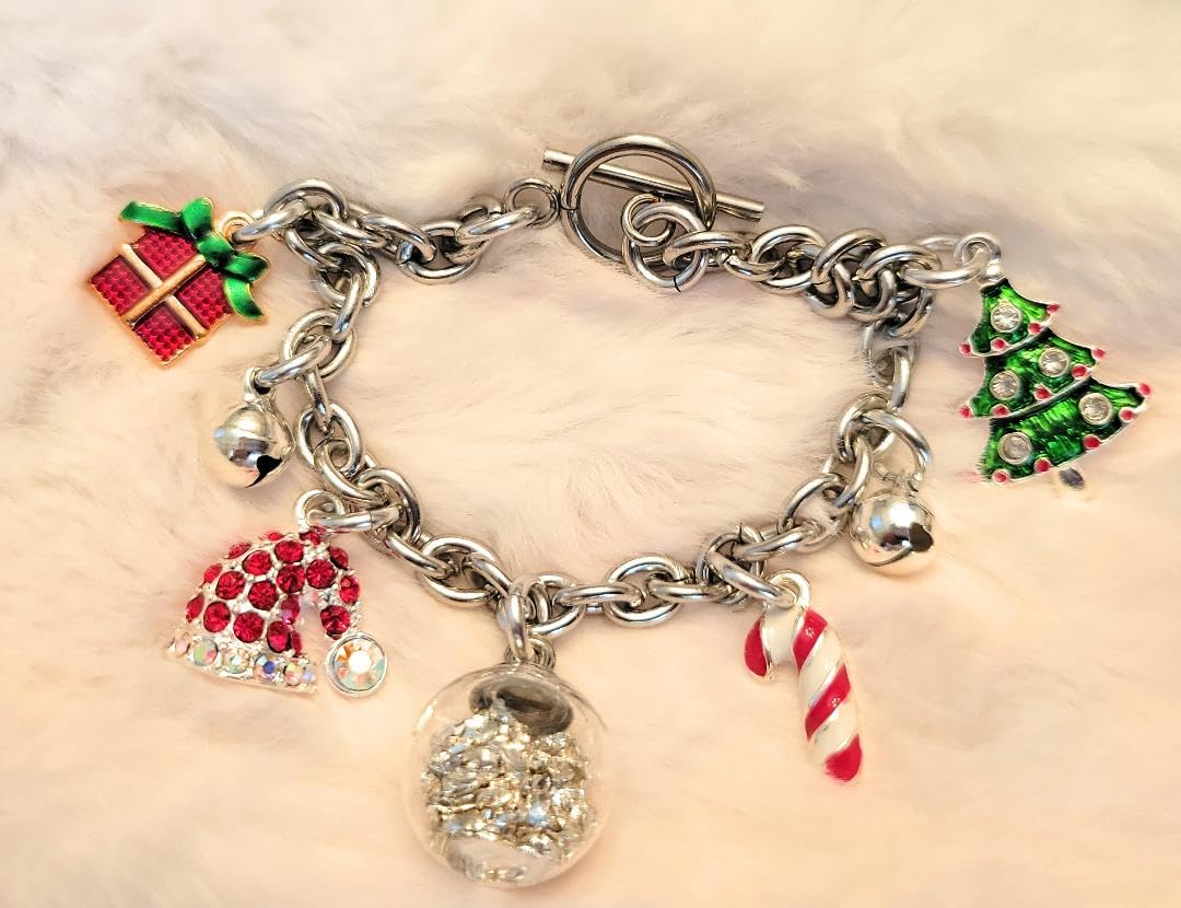 Christmas Tree Charm Bracelet with Snow Globe Present Candy Cane Santa Claus Hat Jingle Bells