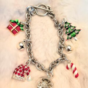 Christmas Tree Charm Bracelet with Snow Globe Present Candy Cane Santa Claus Hat Jingle Bells