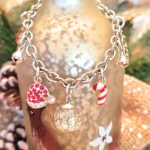 Christmas Tree Charm Bracelet with Snow Globe Present Candy Cane Santa Claus Hat Jingle Bells