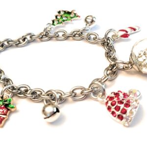 Christmas Tree Charm Bracelet with Snow Globe Present Candy Cane Santa Claus Hat Jingle Bells