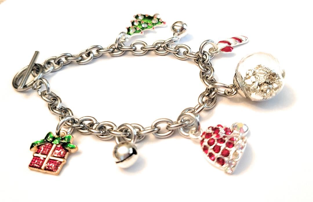 Christmas Tree Charm Bracelet with Snow Globe Present Candy Cane Santa Claus Hat Jingle Bells