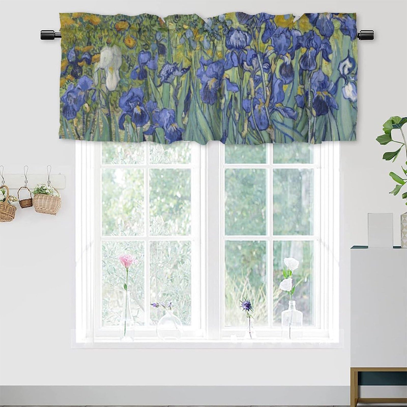 Brebasf Purple Floral Abstract Oil Painting Valances for Kitchen,Spring Wildlife Flower Green Leaves Valances Rod Pocket Window Treatment for Bathroom Living Room Bedroom 54x18inch,1Pcs