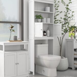 EPOXX Over The Toilet Rack 2 -Tier Toilet Bathroom Spacesaver Storage Shelf with 2 Doors Wood Storage Organizer Cabinet for Bathroom Freestanding Shelf-White (2 Shelves 1 Wooden Door)