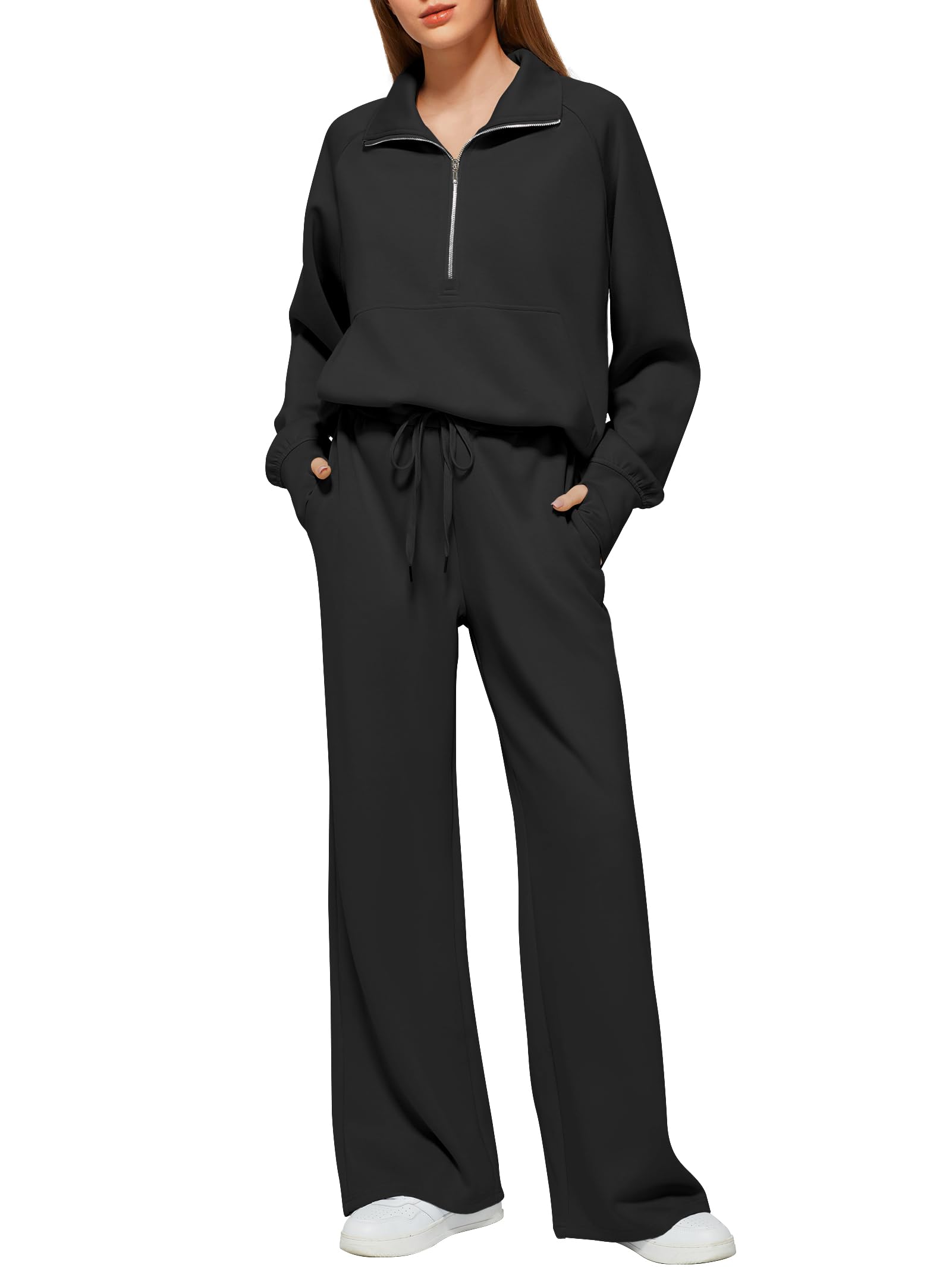 Casly Lamiit Lounge Sets for Women Trendy Half Zip Sweatshirt Wide Leg Sweatpants Lounge Matching Set Tracksuit Sweatsuit 2024 Fall Winter Clothes Set 2 Piece Outfits Black L