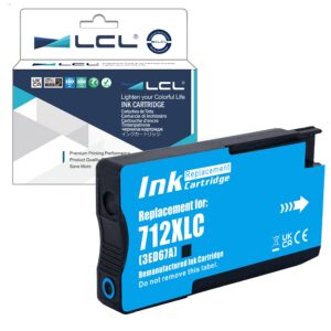 lcl remanufactured ink cartridge pigment replacement for hp 712 712xl 712c 712xlc high yield 3ed67a t650 t630 t250 t230 t210 (1-pack cyan)