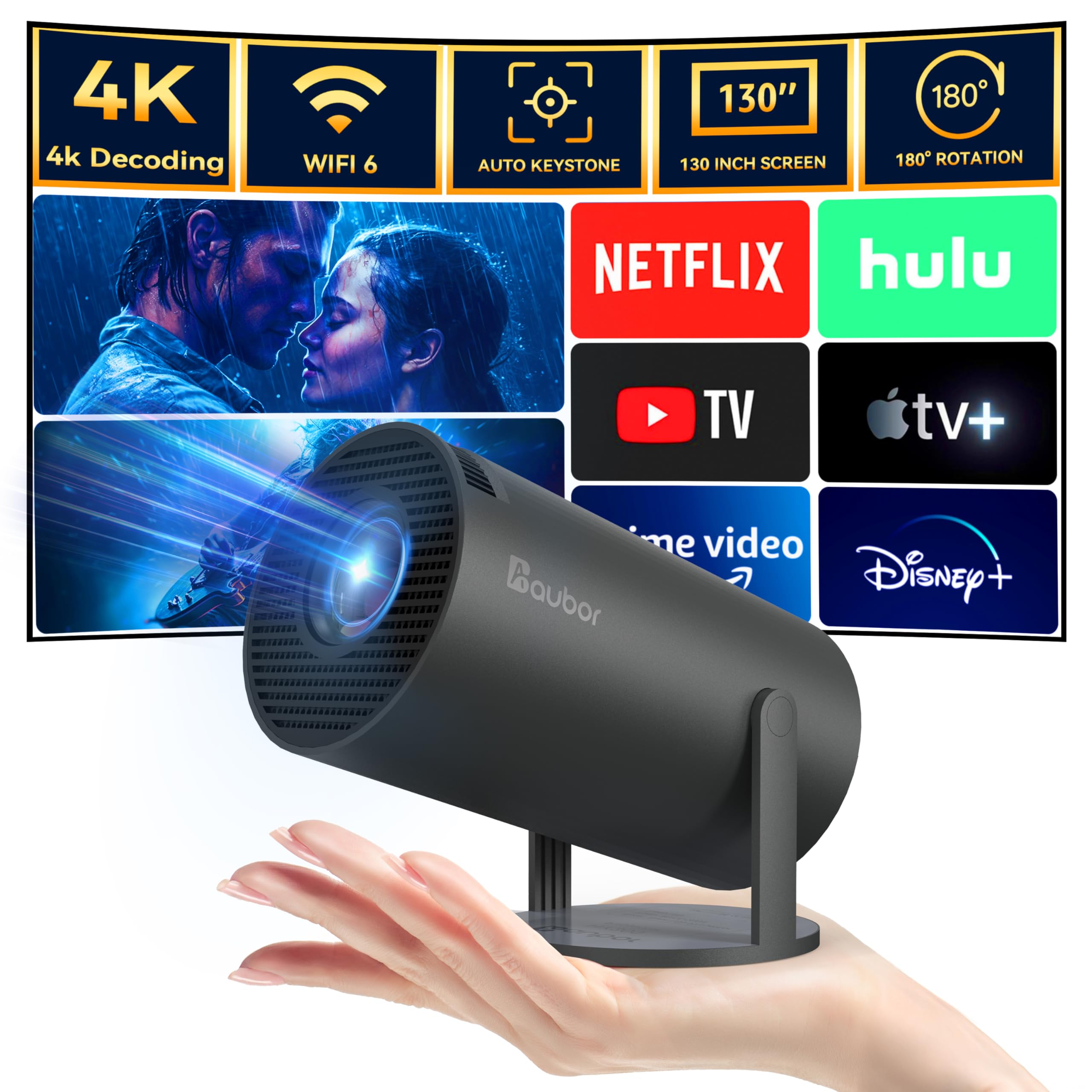 aubor Mini Projector with Android TV 11.0, Support 1080P Smart Portable Projector with 5G WiFi and Bluetooth, 10000 Lumen，Auto Keystone Correction, Premium 360 Sound, 40"-130" Screen Video Projector