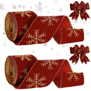 whaline 2 rolls christmas velvet wired ribbon 2.5 inch winter snowflake velvet ribbon burgundy gold glitter xmas decor wrapping ribbon for gift wrapping bow wreath crafts home decor, 20 yards