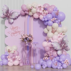 purple butterfly balloon arch garland kit 150 pcs white sand boho pastel balloon with purple large butterfly foil balloon butterfly theme birthday baby shower fiesta party decorations for girls