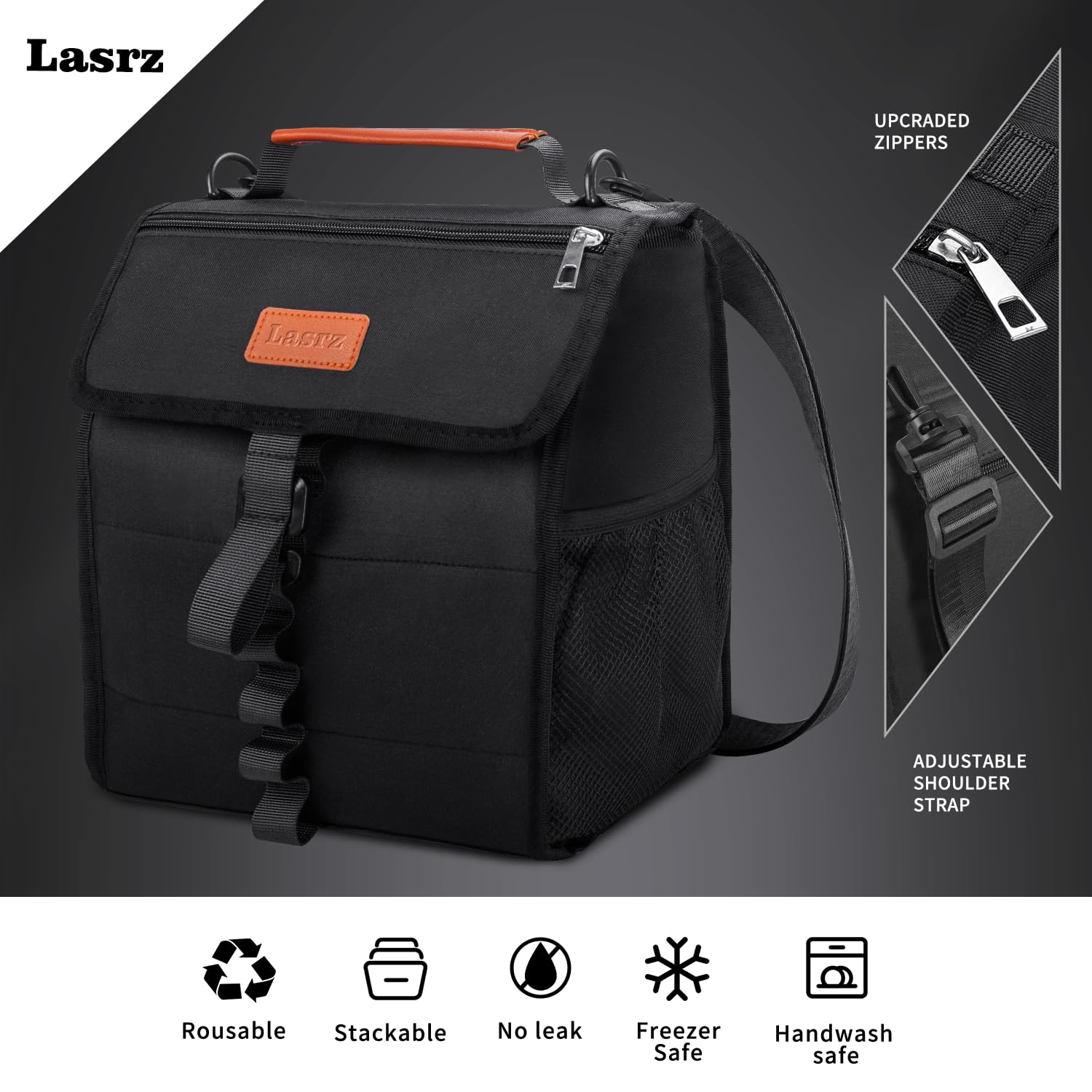 Lunch Box for Men Women, Insulated Lunch Bag for Men, Foldable Roll-Top Lunch Box, Lunch Cooler for Men Work, Office, Picnic, Beach, Hiking, Leakproof Tote Bag for Adults - Black