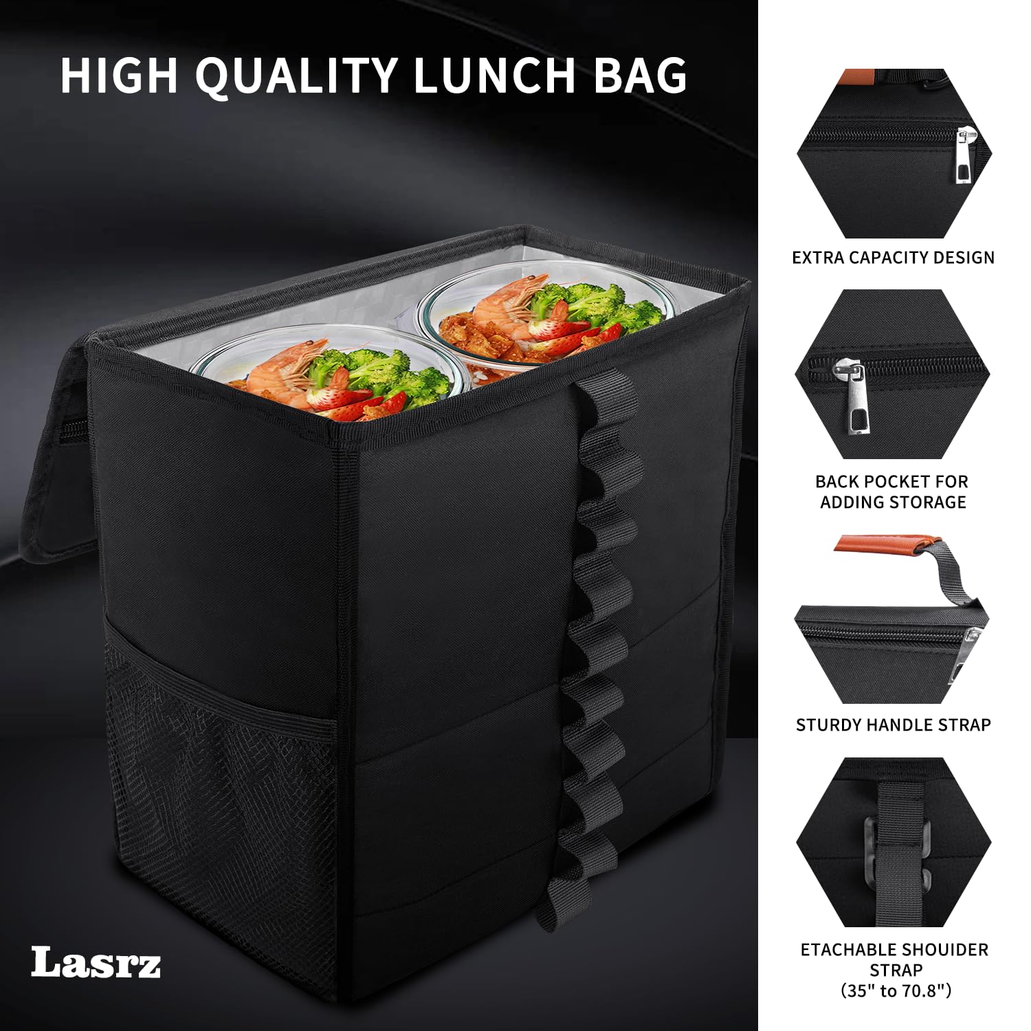 Lunch Box for Men Women, Insulated Lunch Bag for Men, Foldable Roll-Top Lunch Box, Lunch Cooler for Men Work, Office, Picnic, Beach, Hiking, Leakproof Tote Bag for Adults - Black