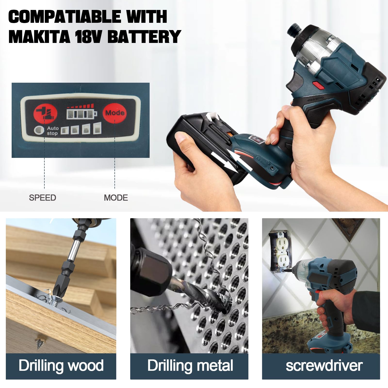 Drill Machine Compatible with Makita 18V Battery Cordless Impact Driver Drill Variable Speed Electric Brushless Drill Power Tool for Drilling Wood Metal & Screwing (No Battery)