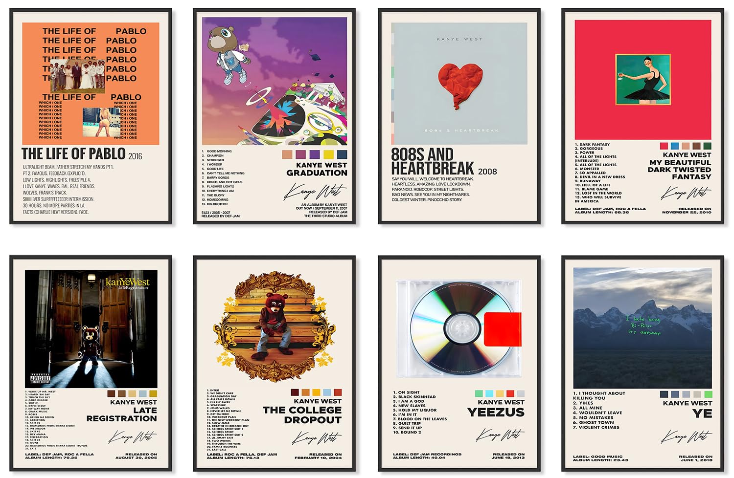 TWNSLLA Kanye Poster Set of 8, Kanye Album Cover Limited Edition Posters, Rapper Music Album Cover Posters for Room Aesthetic, Canvas Wall Art Prints for Teens, Girls Room Decor (8x10inch, unframed)